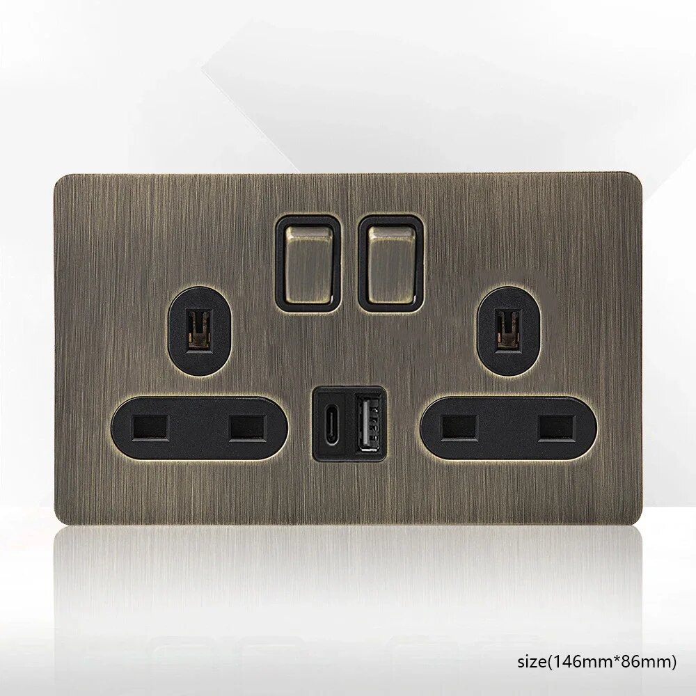 Металлический настенный выключатель и розетка Depo Guye, бронзовый 2Gang 13A USB C