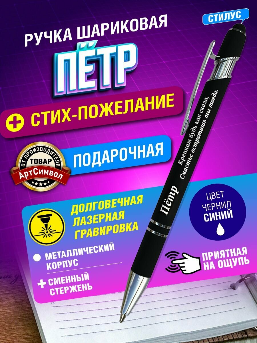 Ручка шариковая с гравировкой именная Пётр со стихом-пожеланием