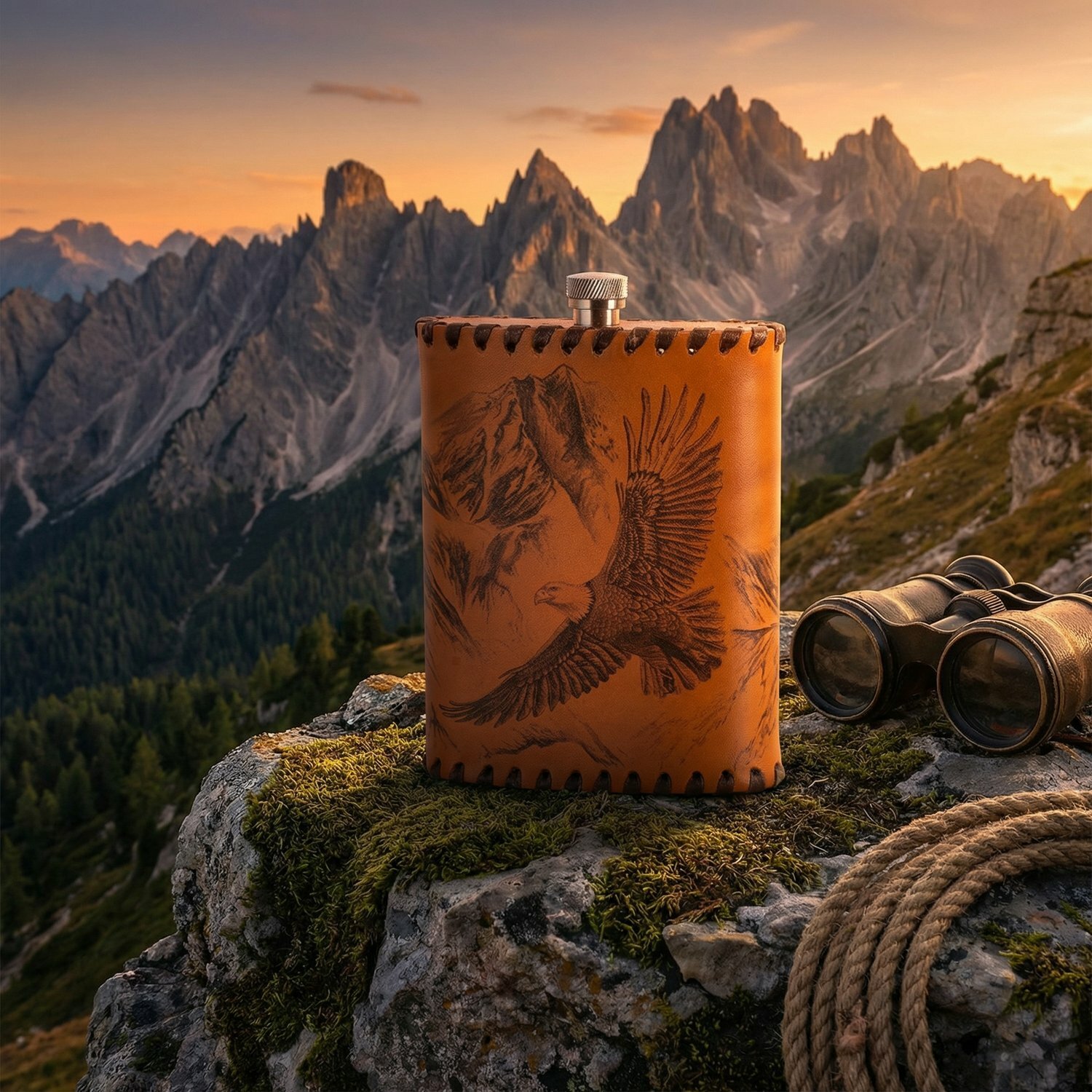 Фляга походная 0,5 л в оплетке из натуральной кожи. 502ФК-П6 орел