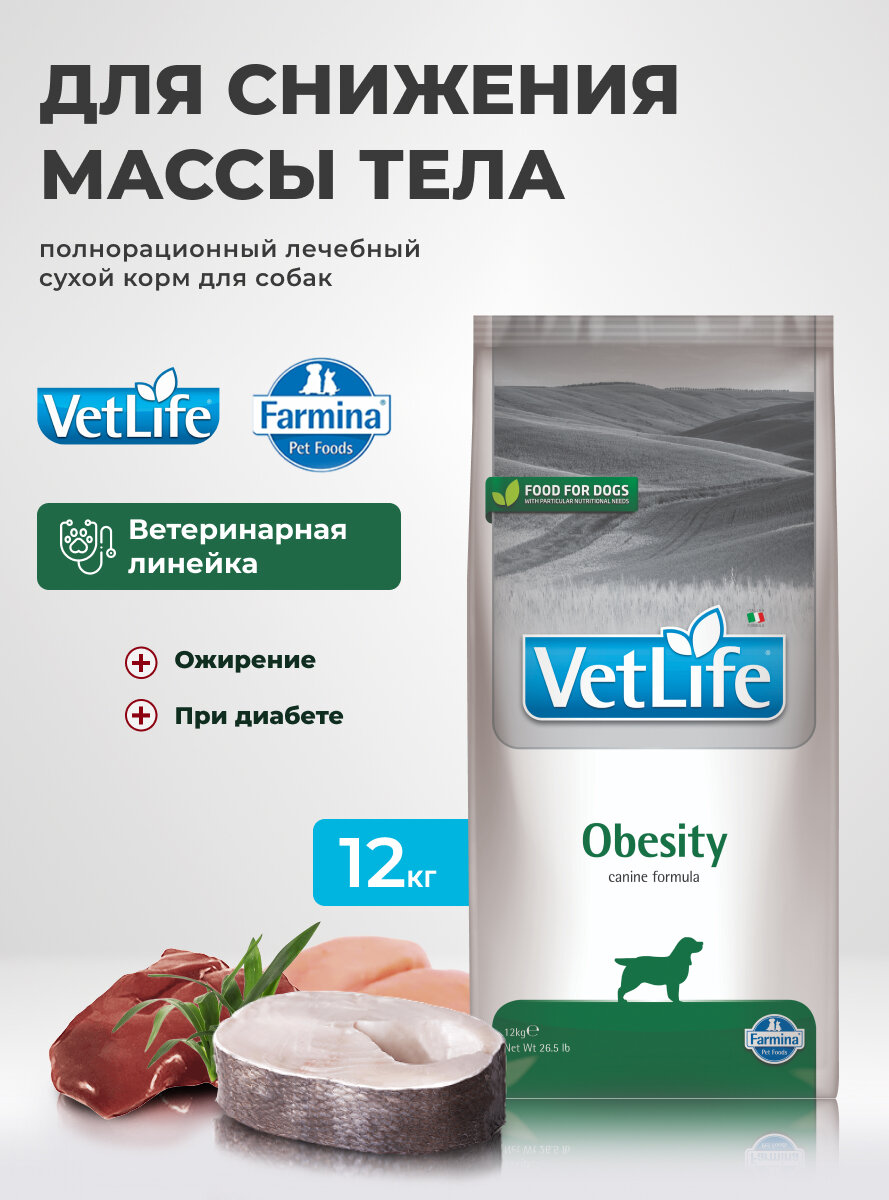 Корм для собак Farmina Vet Life Obesity, при ожирении, для снижения и контроля веса, 12 кг