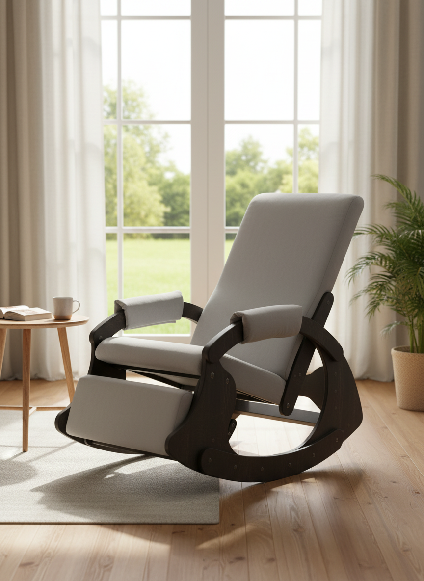 Кресло-качалка с подножкой для дома и дачи "Бриз" от "Мягкой посадки", обивка серый велюр