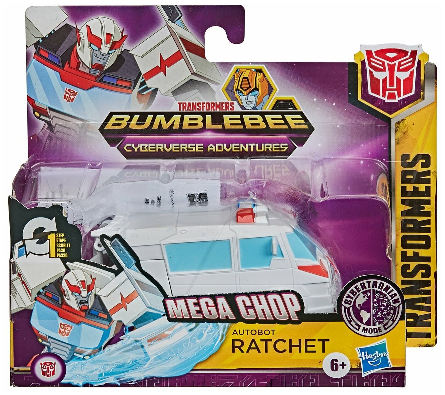 Transformers Hasbro серия Bumblebee Cyberverse Adventures Mega Chop Ratchet Трансформер Ванстеп Рэтчет Кибервселенная E7076, белый