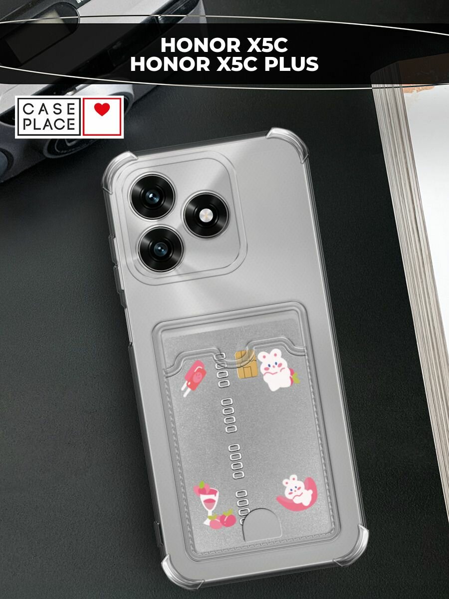 Чехол на Honor X5c/X5c Plus/X5d/X5d Plus (Хонор X5c/X5c Плюс) с картой и принтом Милый корейский кролик