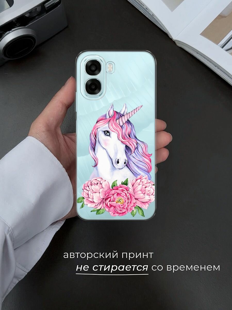 Чехол на Oppo A6x / Оппо A6x с принтом Единорог с пионами, прозрачный — фото 1