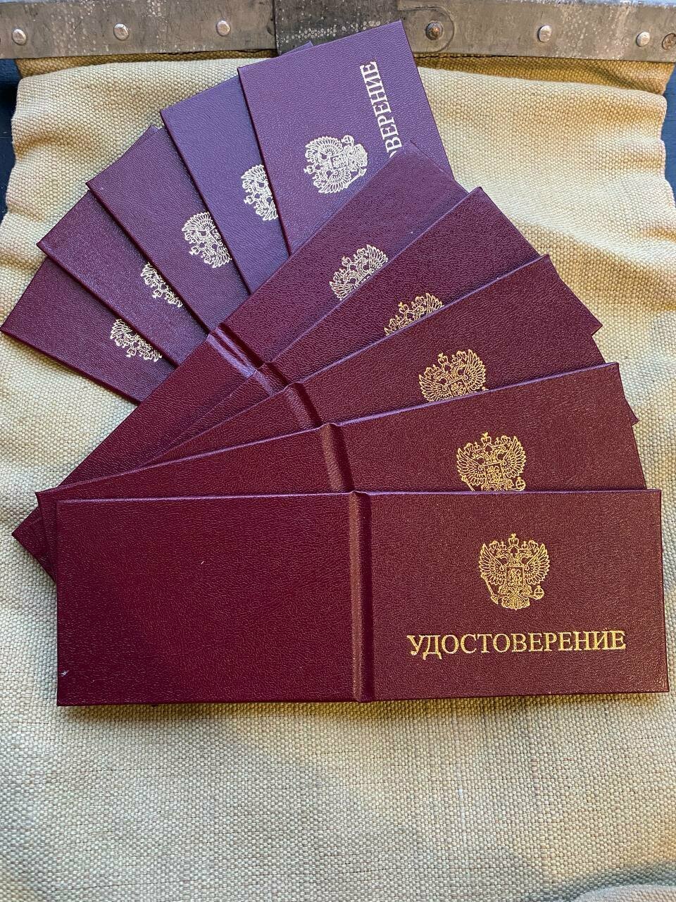 Набор бланков удостоверений с гербом РФ 10 шт, обложка бумвинил темная вишня, тиснение золотом, вкладыш триколор
