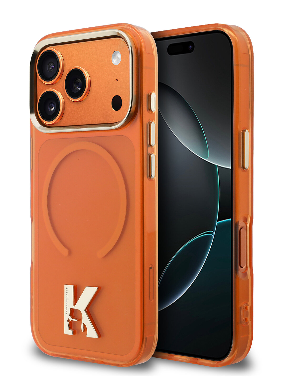 Чехол Karl Lagerfeld на iPhone 17 Pro, с магнитами MagSafe, с защитной рамкой вокруг камеры, оранжевый