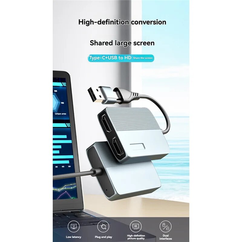 A99E-удлинительный разветвитель, расширенный дисплей, 2 монитора, 1080P, USB + Type-C, адаптер с двойной совместимой