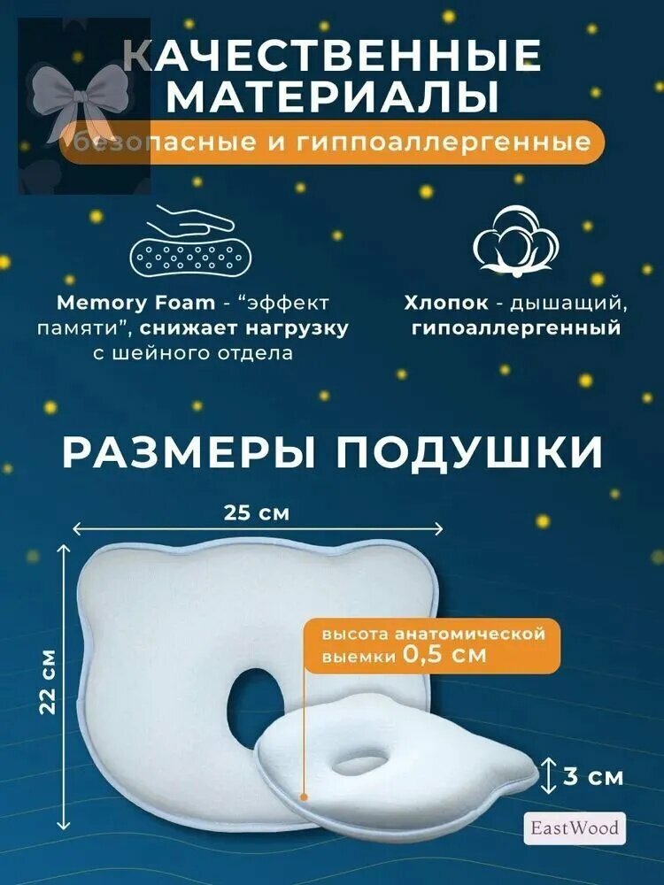 Подушка для новорожденных 215x260 см, Memory Foam, Пенополиуретан