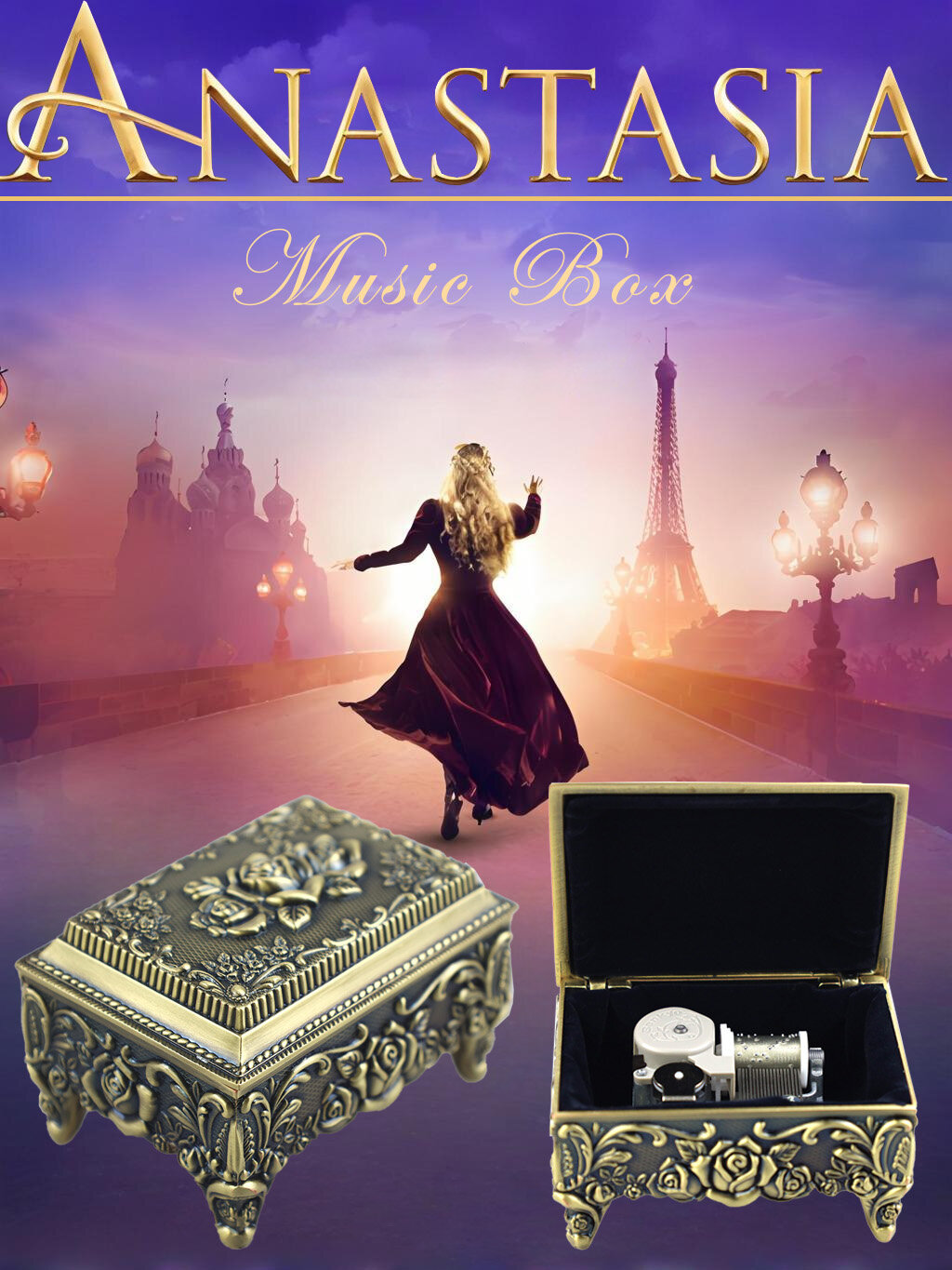 Sinzyo Музыкальная шкатулка "Анастасия" - металлическая, с часовым механизмом. Подарки для девочек, подарки для любимых