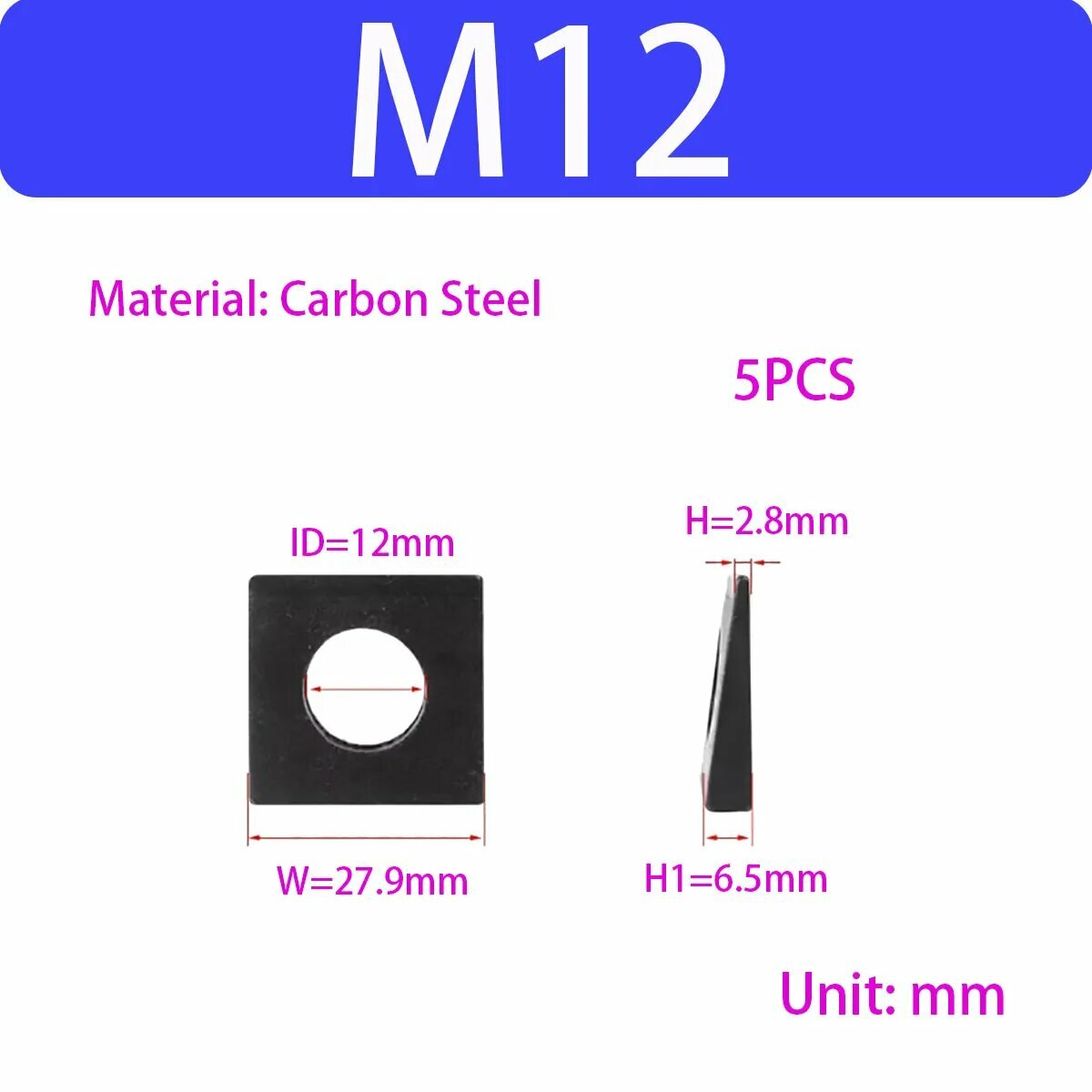 Квадратная диагональная шайба из углеродистой стали GB852 M6-M30 5PCS M12