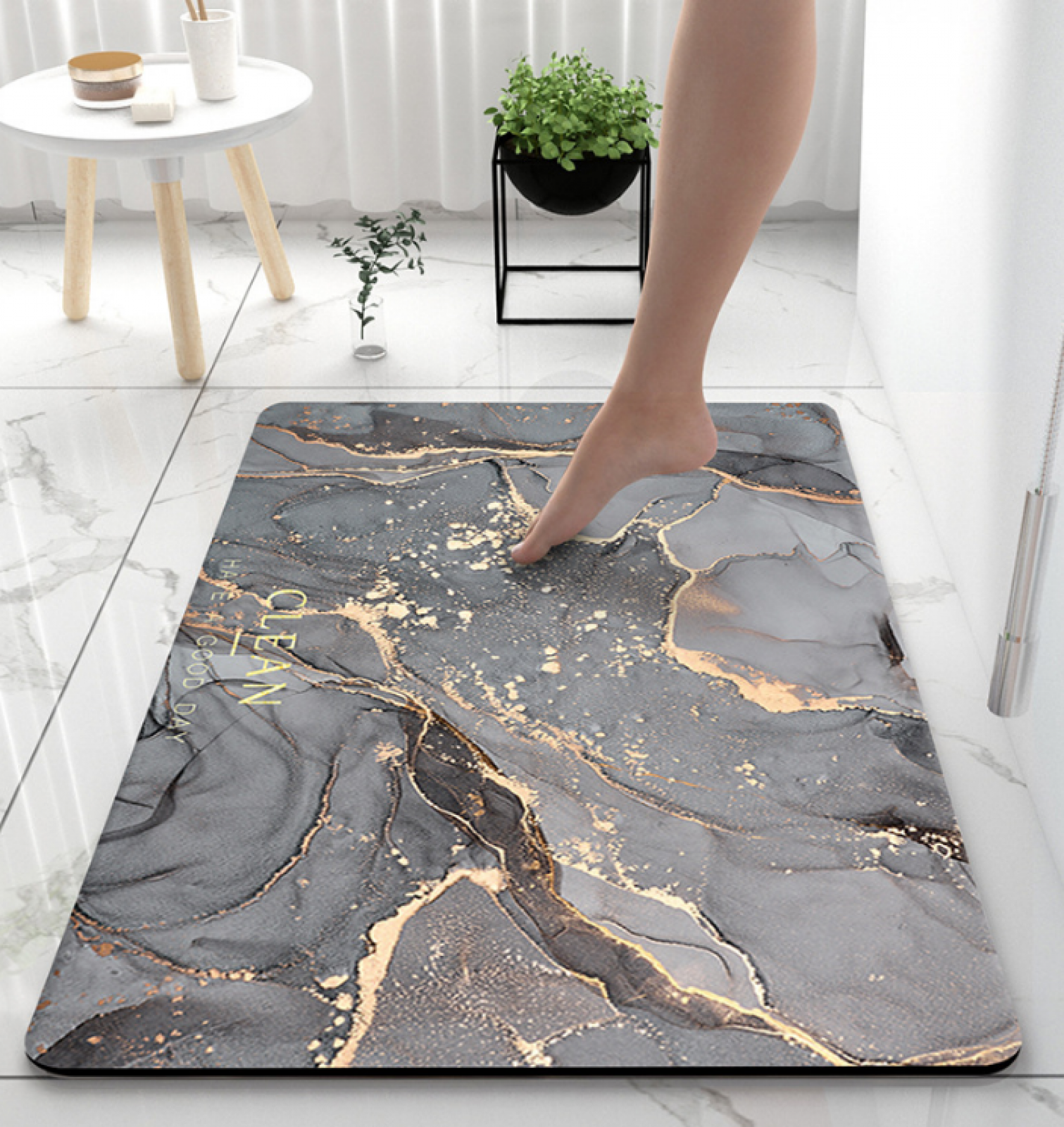 Противоскользящий коврик для ванной MyPads с мраморным рисунком, быстро впитывающий и сохнущий, серебристый