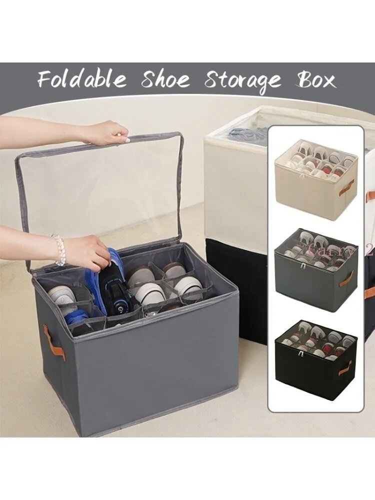 Складная коробка для хранения обуви Foldable Shoe Storage Box органайзер с крышкой из ткани серого цвета