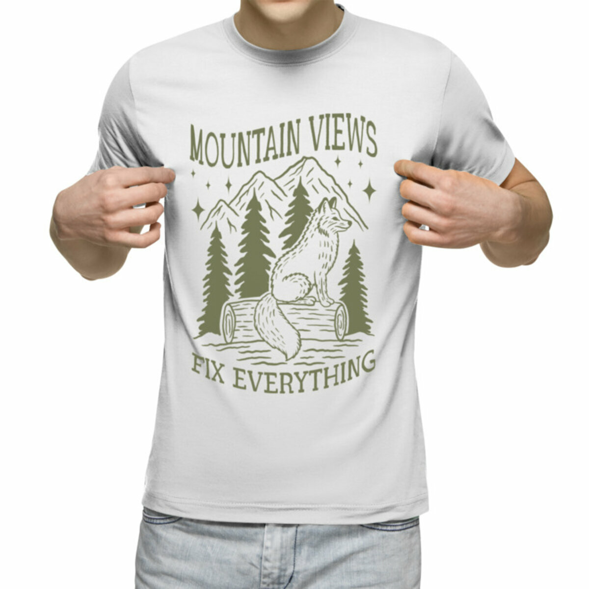 Мужская футболка «Вид на горы все исправит, хайкинг, поход, турист» (белый, M)