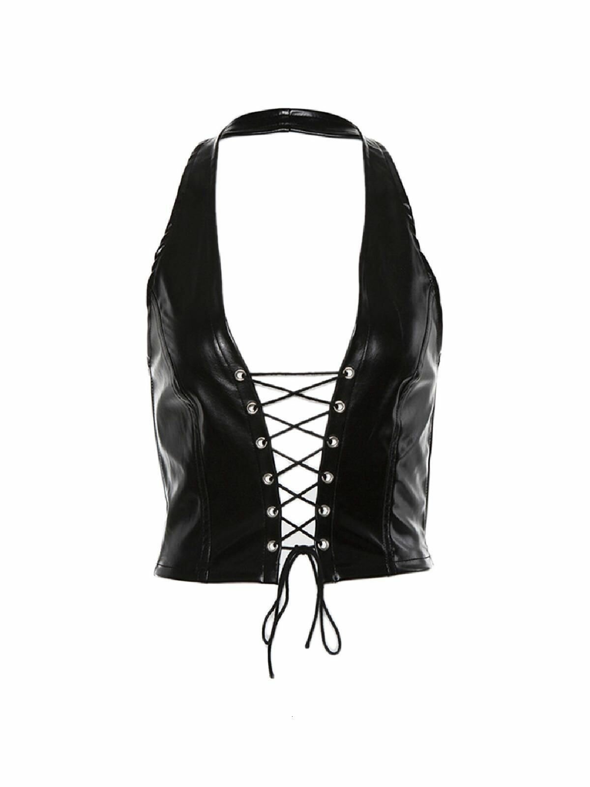 Женский панк-топ без рукавов из искусственной кожи, Черный - M