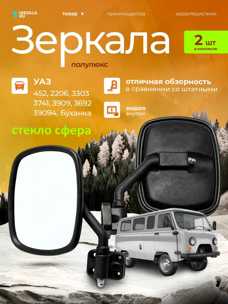 Зеркала УАЗ Буханка боковые, Стекло Сфера