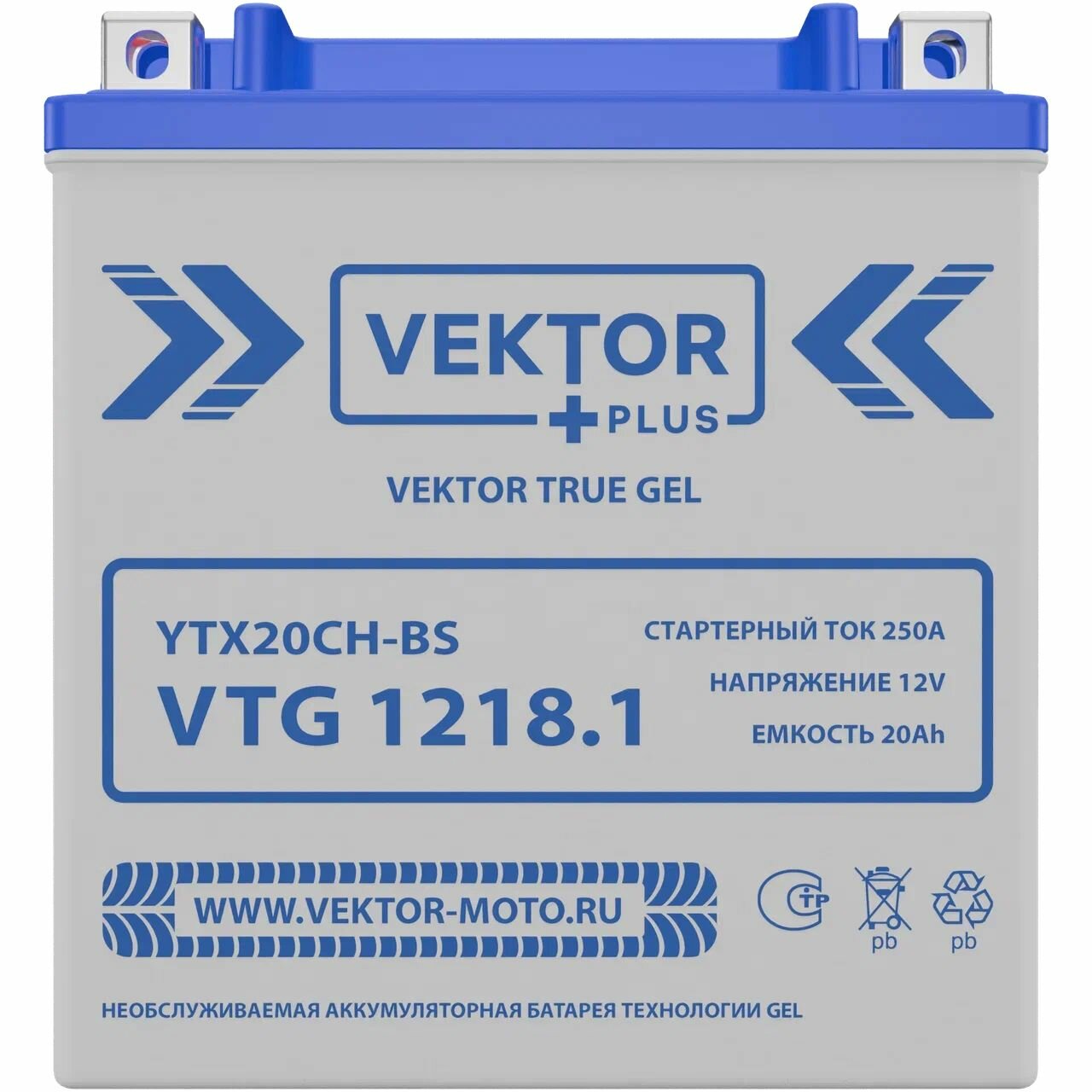Мото аккумулятор гелевый Vektor 1218.1 12В 20Ач прямая полярность 250A (12V 20Ah) (YTX20СH-BS) гелевый GEL