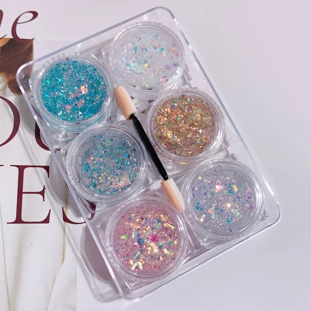 Набор Из 6 Блестящих Цветных Гелей Для Глаз И Лица С Блестками В Виде Звезд, Сердец, Луны, Для Волос, Косметический Глиттер-крем