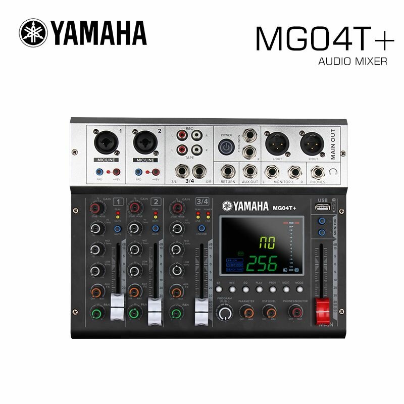Микрофон Yamaha MG04T с настройкой, 4 входа, DSP-реконструкция звука, поддержка Bluetooth и USB, запись в реальном времени, идеально подходит для караоке, конференций и выступлений.