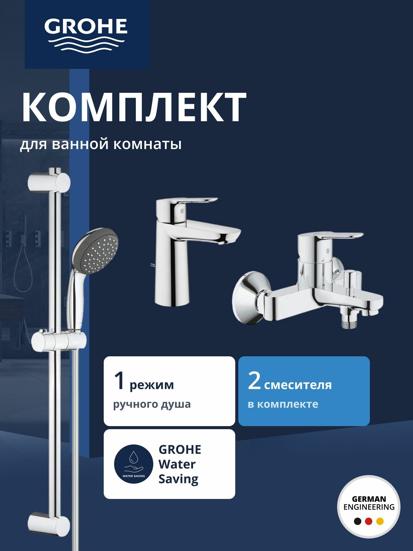 Комплект смесителей GROHE Start Edge для раковины, ванны с душевым гарнитуром, хром (120210)