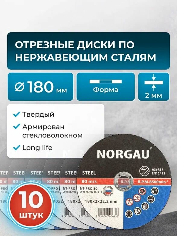 Набор отрезных дисков 180 по металлу 10 штук NORGAU Industrial толщина 2 мм, посад. диаметр 22,2 мм для болгарки