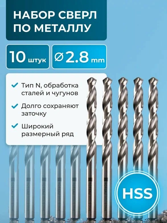 Набор сверл по металлу 10 штук NORGAU Industrial HSS спиральное правое с шлифованным профилем, DIN338, 2.8 мм