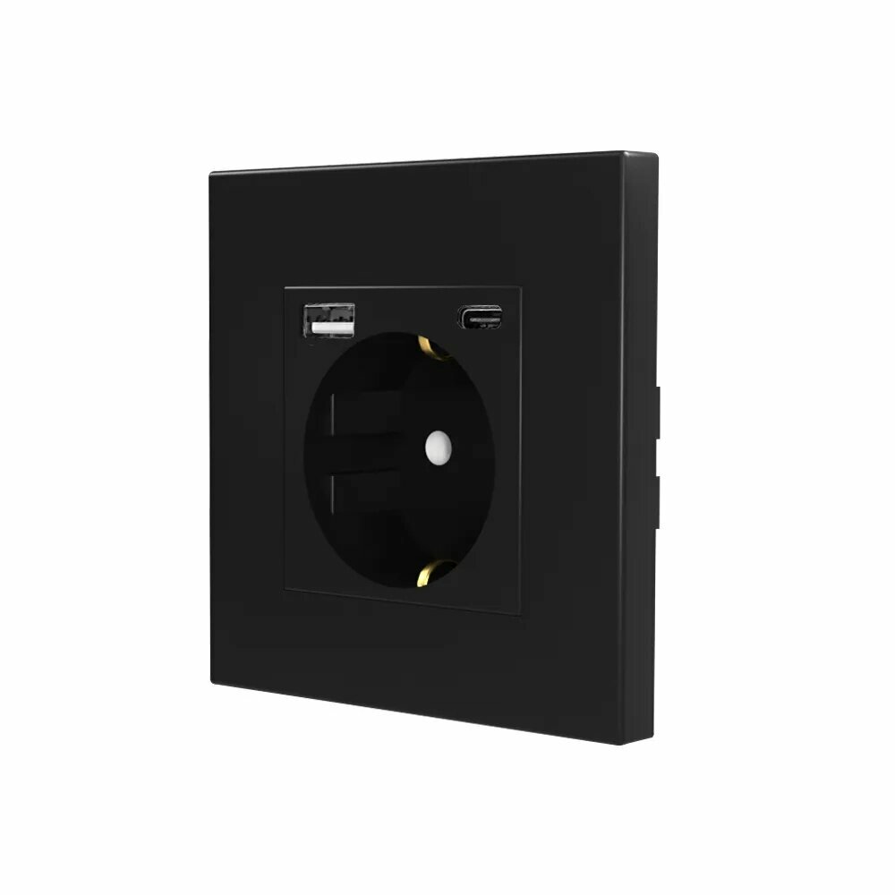 Розетка с usb и type c,220В с заземлением и защитой от короткого замыкания, со шторками, черная.