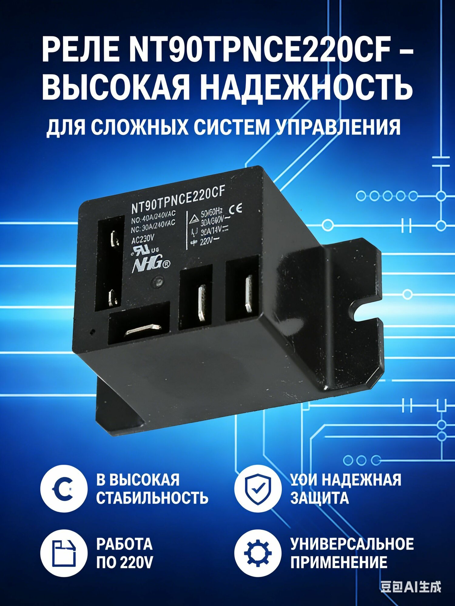 Реле силовое NT90TPNCE220CF (AC220V, 40A), запчасть для газового и электрического котла, герметичное переключающее реле на плату
