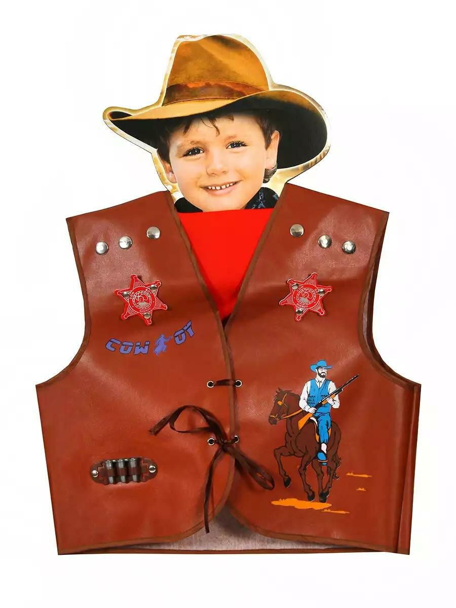 Детский карнавальный костюм Шериф, жилетка, шляпа, повязки на лицо, значок