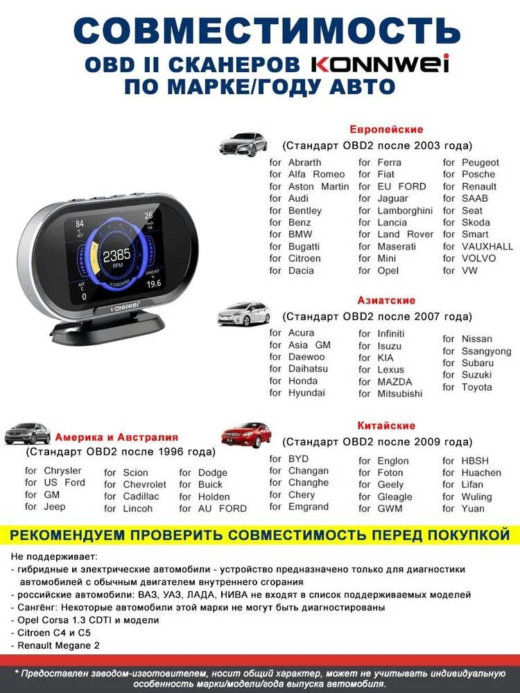 Konnwei KW206 Бортовой компьютер Универсальный автосканер для грузовых автомобилей, отображение скорости, температуры двигателя — фото 1