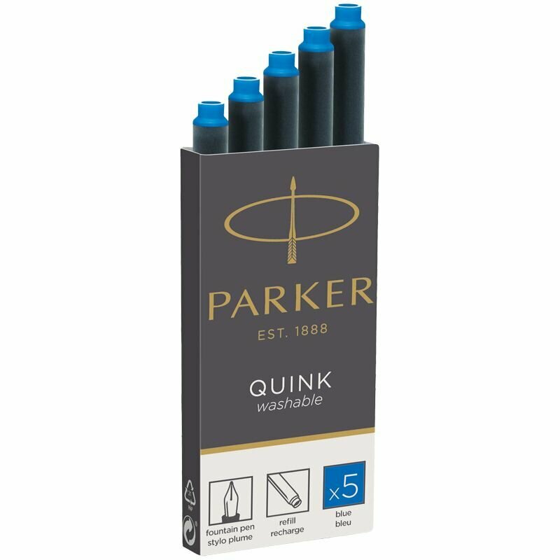 Картриджи чернильные Parker "Cartridge Quink" синие, смываемые 5шт, картонная коробка