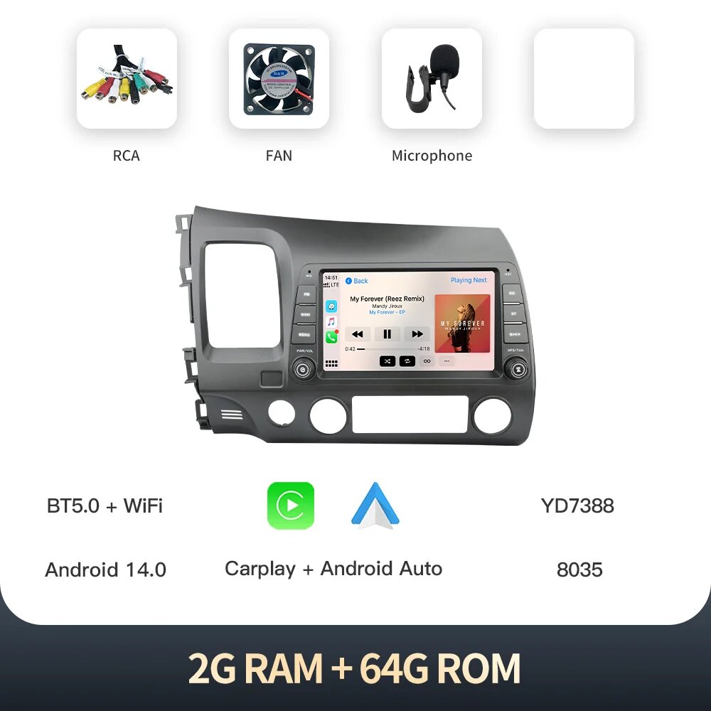Автомагнитола Android 14.0 Carplay для Honda Civic 8 (2005-2012), 2G RAM, 64G ROM,