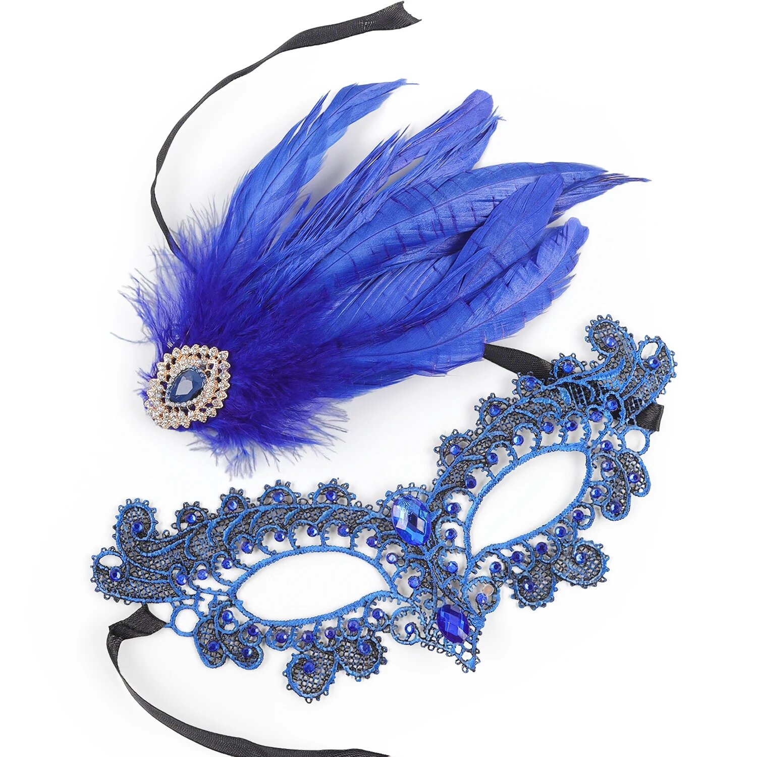 Маска карнавальная с перьями, синяя MS1125-Blue