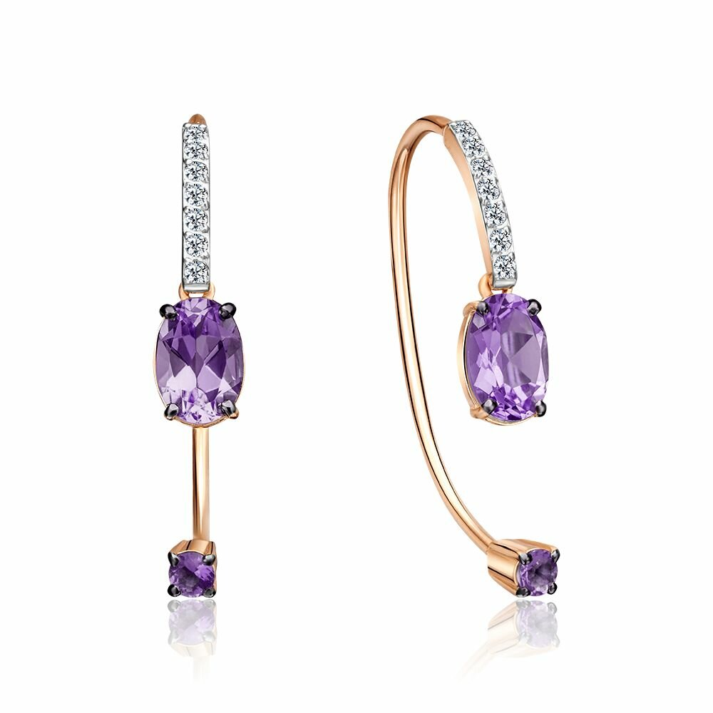 Серьги пусеты, красное золото, 585 проба, аметист, топаз