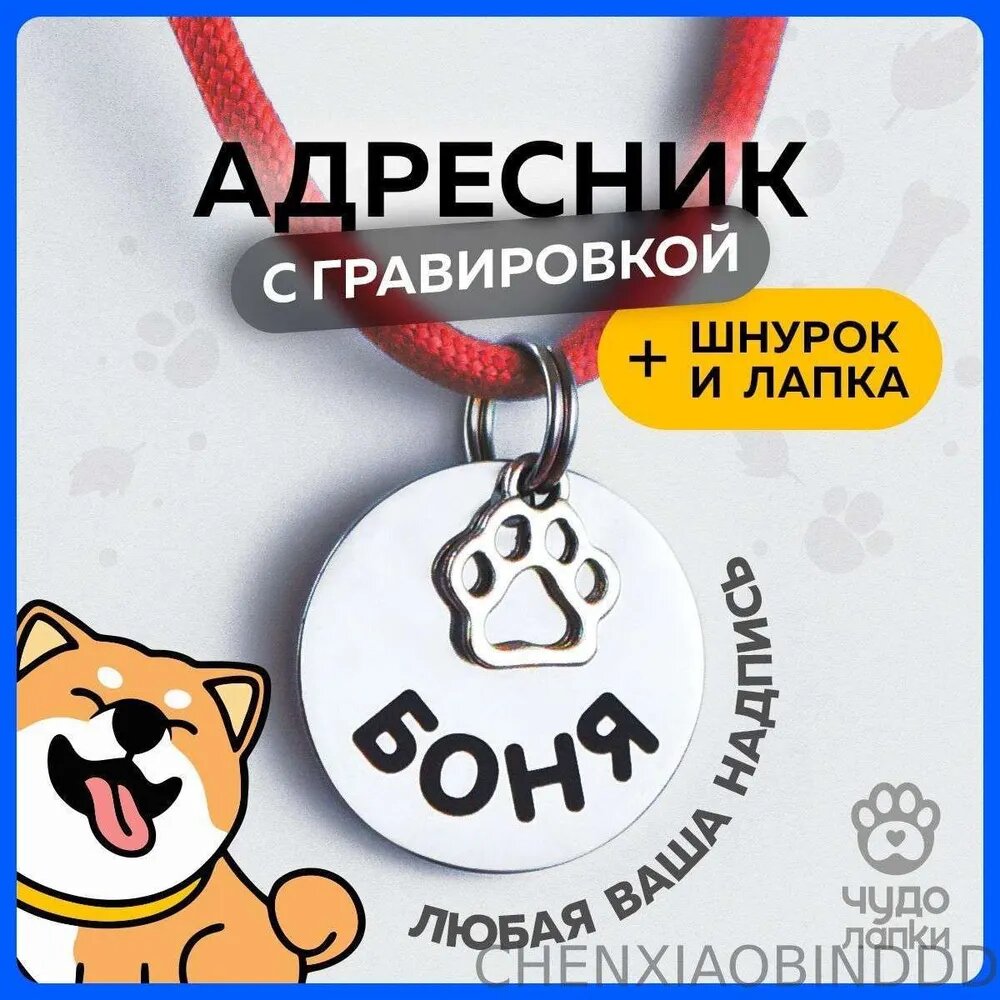 Адресник для собак и кошек из нержавеющей стали с гравировкой и подвеской лапкой, шнурок в комплекте