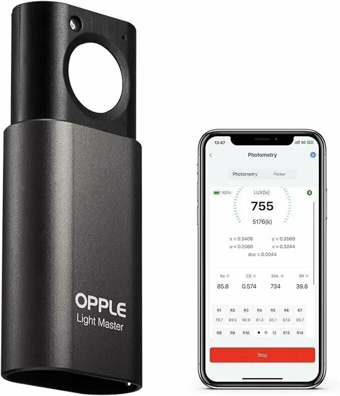 Фотометр OPPLE Light Master: тестер для светодиодных фонарей с 4 режимами измерения Люкс, CRI, DUV, R1-R14, мерцания, сенсор света, поддержка Bluetooth, iOS, Android