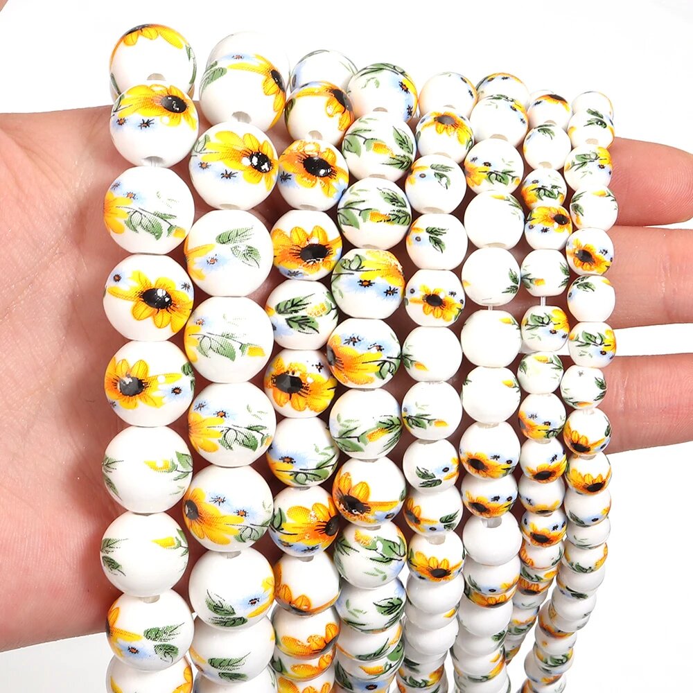 Керамические бусины Louleur 6-12 мм с цветами Белый, 10mm Apx 35pcs, yellow