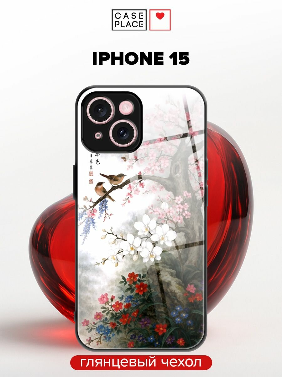 Чехол на Apple iPhone 15 / Айфон 15 с принтом "Дерево в японском стиле"