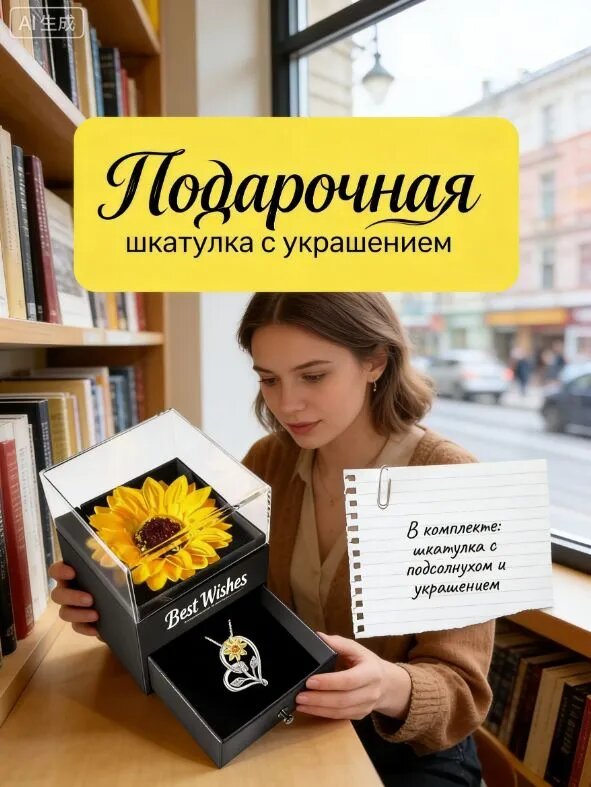 Настоящий подсолнух с подвеской в шкатулке в подарочной коробке для женщин, мам и бабушек