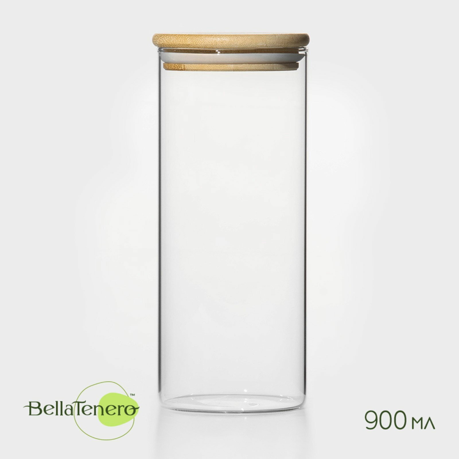 Банка для сыпучих "Эко", 900 мл, 8.5x20.5 см, с бамбуковой крышкой, стекло, прозрачная