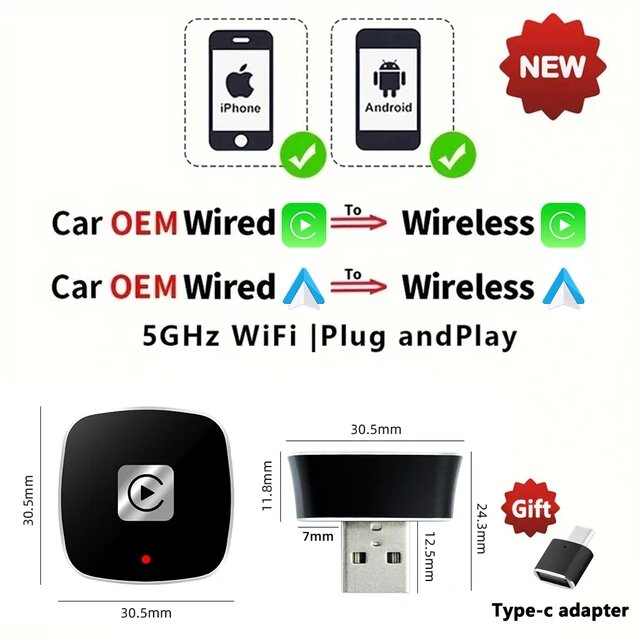 Беспроводной адаптер EKY CarPlay, беспроводной автомобильный интеллектуальный блок Android с функцией искусственного интеллекта, система 2-в-1, подходит для автомобилей с проводным CarPlay.