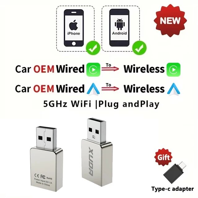 Беспроводной автомобильный адаптер XUDA 2025 CarPlay Android Smart Mini Box - Подключение по Wi-Fi, быстрое соединение, универсальный, подходит для автомобилей