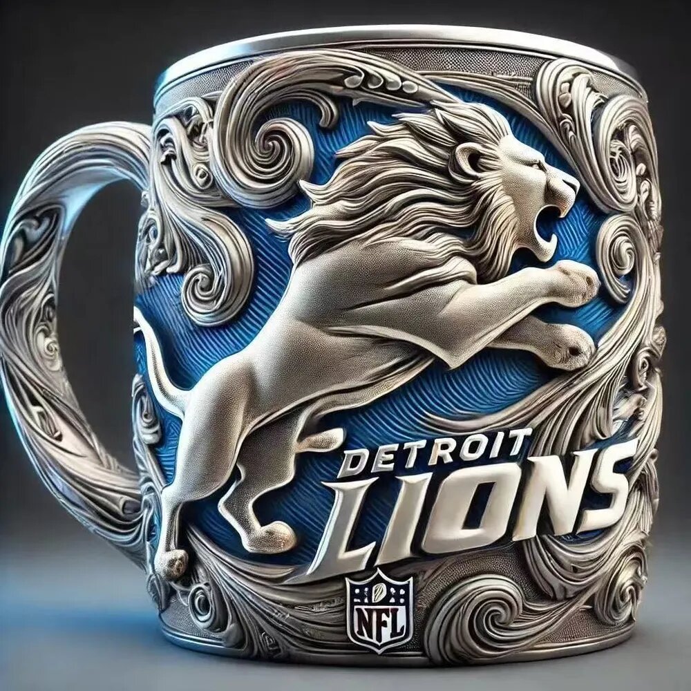 Glowfly Кружка Detroit Lions, 300 мл, 1 шт. Керамическая серебряная кружка с логотипом команды NFL