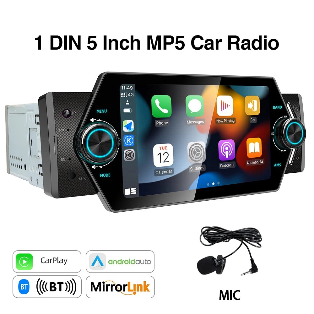 1Din 5" MP5 Car Radio с Carplay, Android Auto, MIC