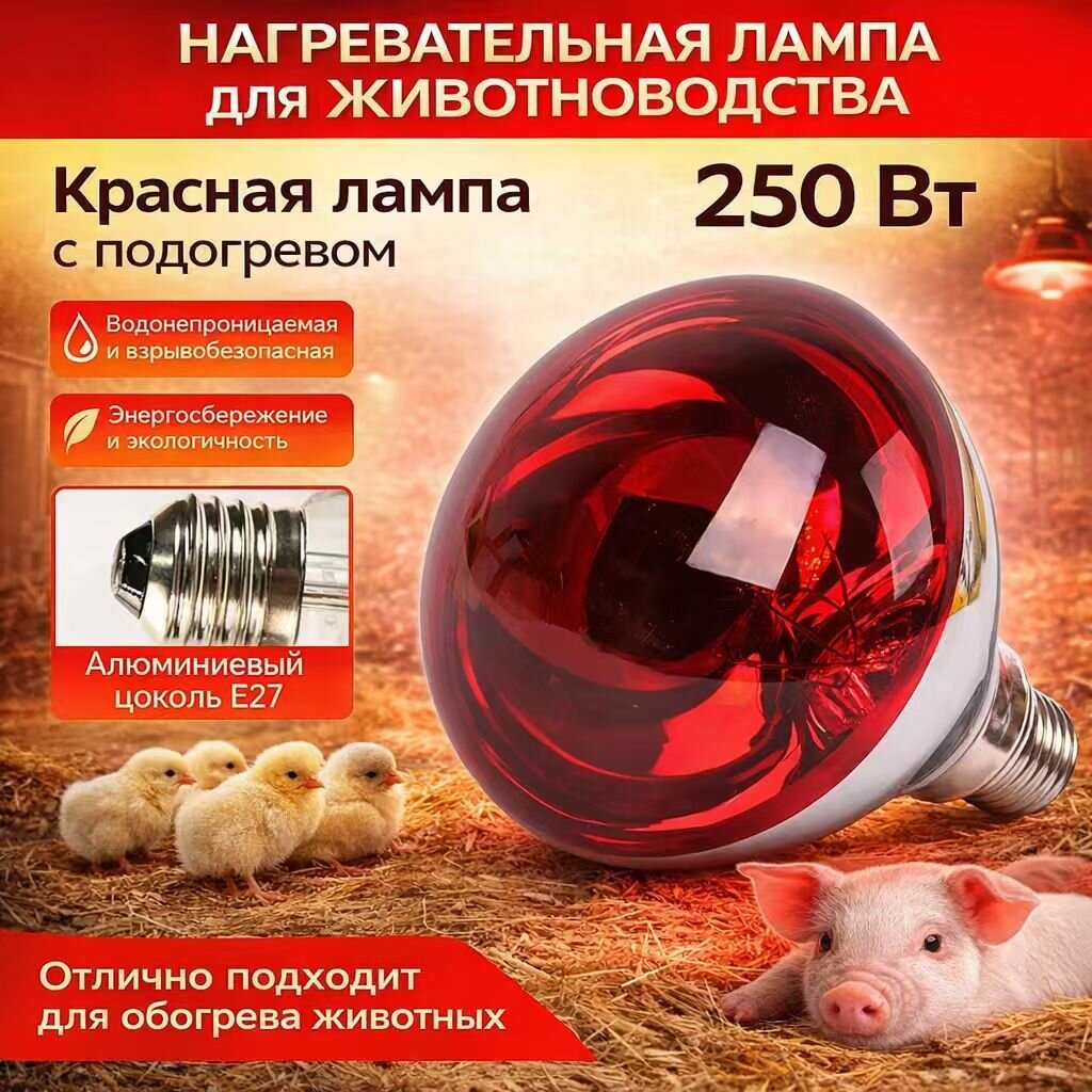 Лампа инфракрасная для обогрева кур, щенков, цыплят, свиней, курятника, брудера/ Лампочка галогенная для животных, растений и теплиц 250 Вт-1 шт