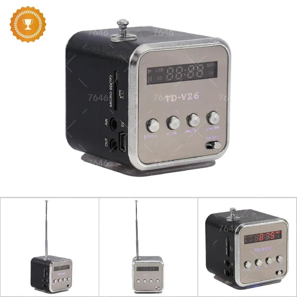 Миниатюрная магнитола TD-V26, портативный MP3-плеер с FM-радио, черный корпус, компактный размер