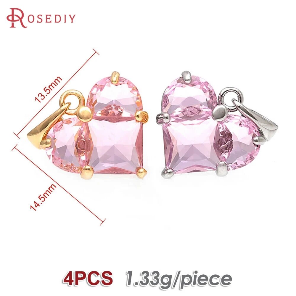 Подвески сердце Rosediy, 18K золото, циркон, 14.5x13.5MM, 4шт