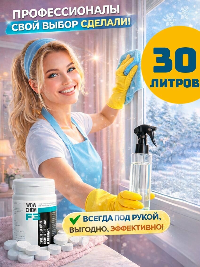 Для стёкол и зеркал. 30л. без разводов от запотевания. антифог. Таблетки для мытья окон. WOW CHEM