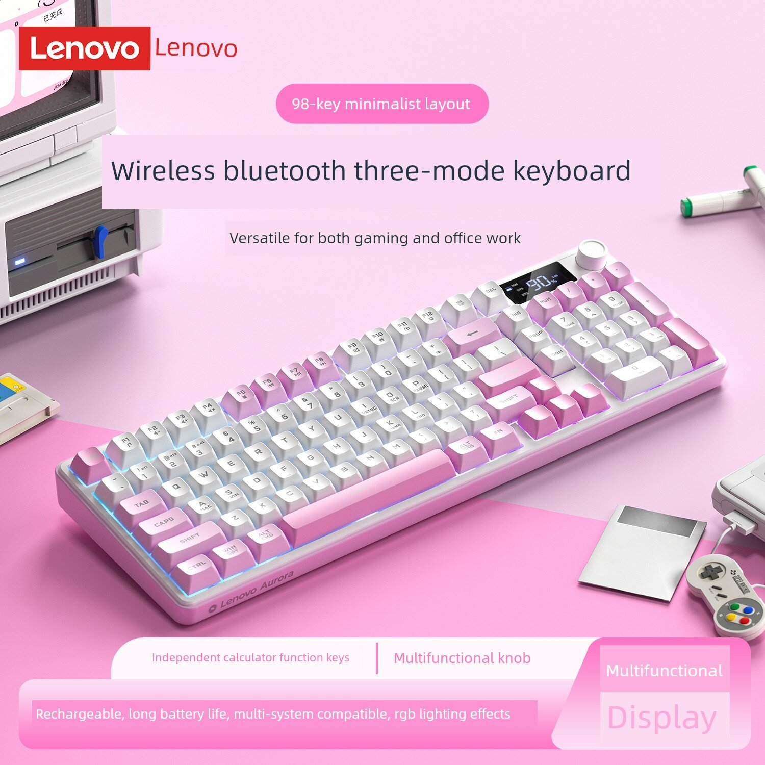 Lenovo Беспроводная игровая клавиатура с 3 режимами подключения (Bluetooth/2.4G/USB) 99 клавиш, мороженое розовое