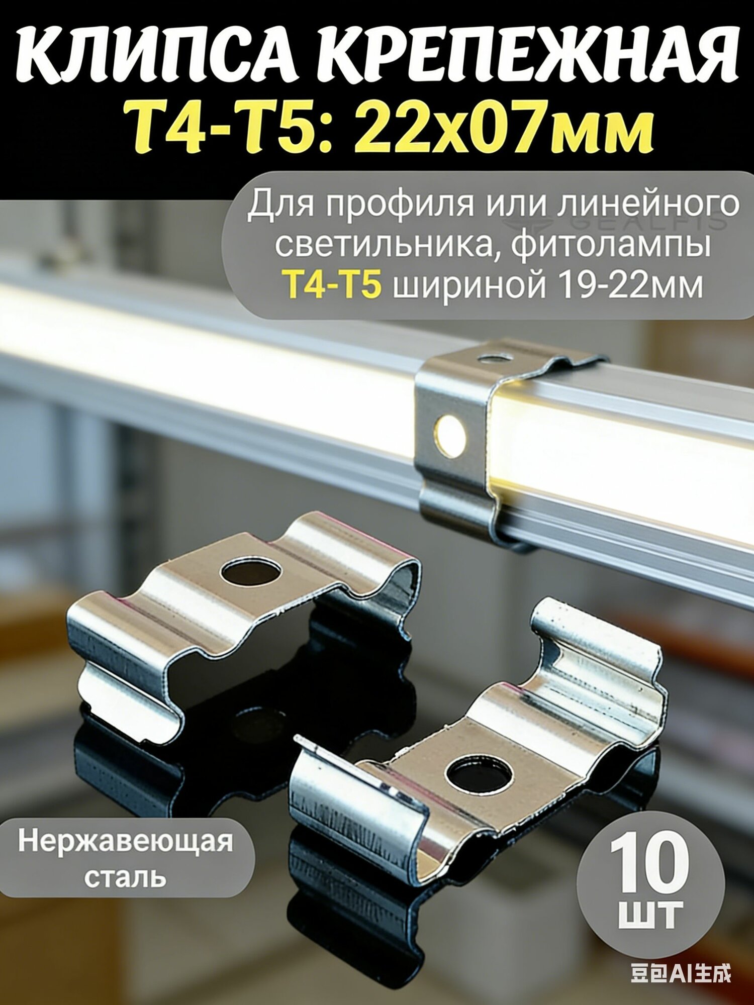 Клипса крепежная Т4-Т5 22х07мм, 10шт, металлическое крепление скоба держатель для профиля LED ленты, фитолампы, светодиодного линейного светильника Т4-Т5, корпуса люминесцентной лампы шириной 19-22мм