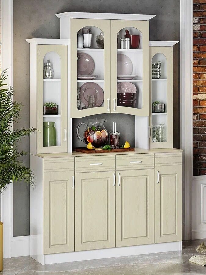 Буфет для кухни Констанция, кухонный шкаф витрина для посуды напольный с фасадами МДФ, 140х225х43 см, Фисташка/Белый